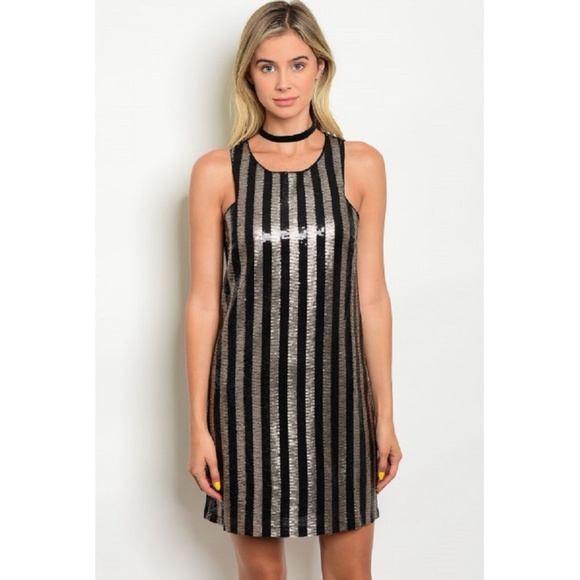 Dresses | Black Gold Sequin Keyhole Short Dress | Poshmark